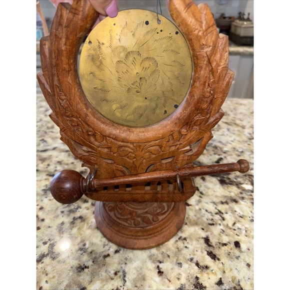 Accents | Vintage Hand Carved Wooden Gong Stand Elephants Half Moon ...